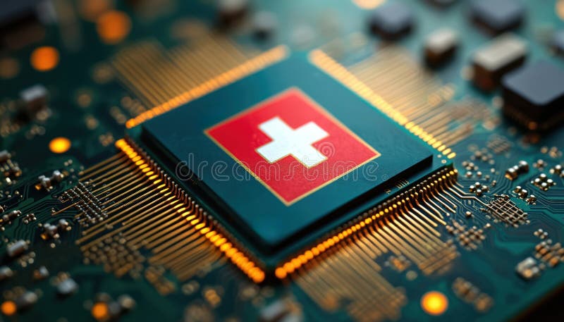 Swiss Flag on Processor, CPU or Microchip on Motherboard. Concept for ...