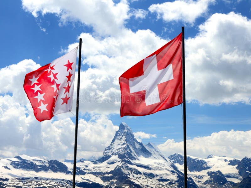 Swiss Flags in Front of Matterhorn Stock Image - Image of attraction ...