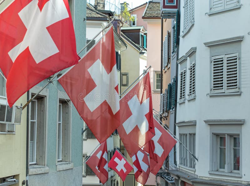 Swiss Flags in a Zurich Street Stock Image - Image of window, europe ...