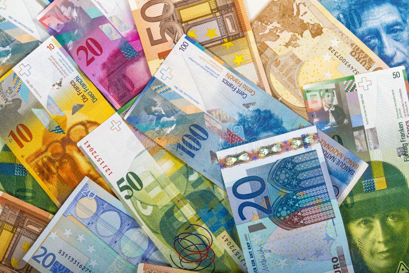 Swiss Francs and EU Euro Bills of Various Banknotes Values. Stock Photo ...