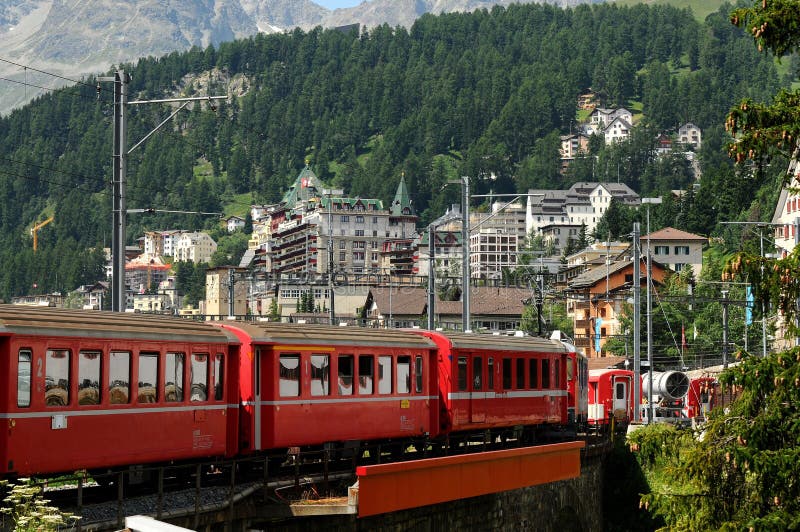 Swiss Red Train Bernina Express Editorial Image - Image of scenic ...