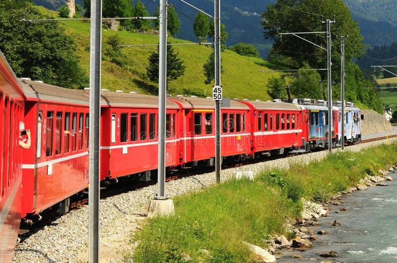 Swiss Red Train Bernina Express Stock Photo - Image of station ...