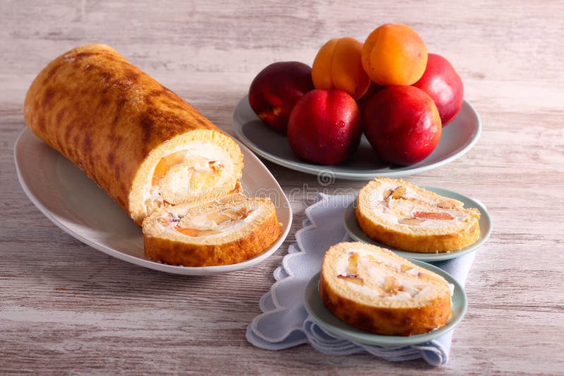 Swiss Roll with Cream and Fruit Filling Stock Image - Image of treat ...