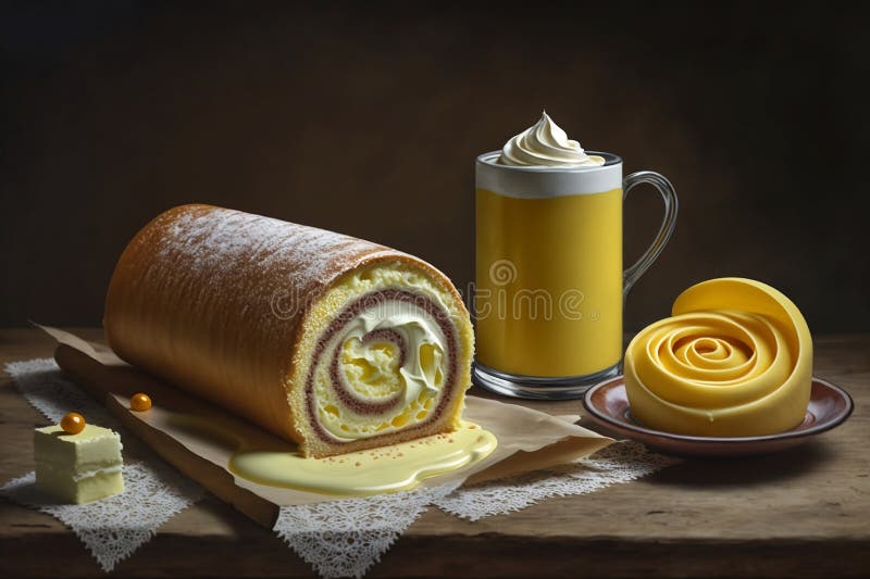 Swiss roll and custard stock illustration. Illustration of wood - 271411113