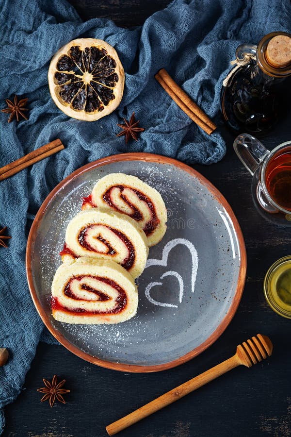 Swiss Roll with Strawberry Jam. Jelly Roll with Decoration Stock Photo ...