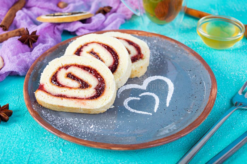Swiss Roll with Strawberry Jam. Jelly Roll with Decoration Stock Photo ...