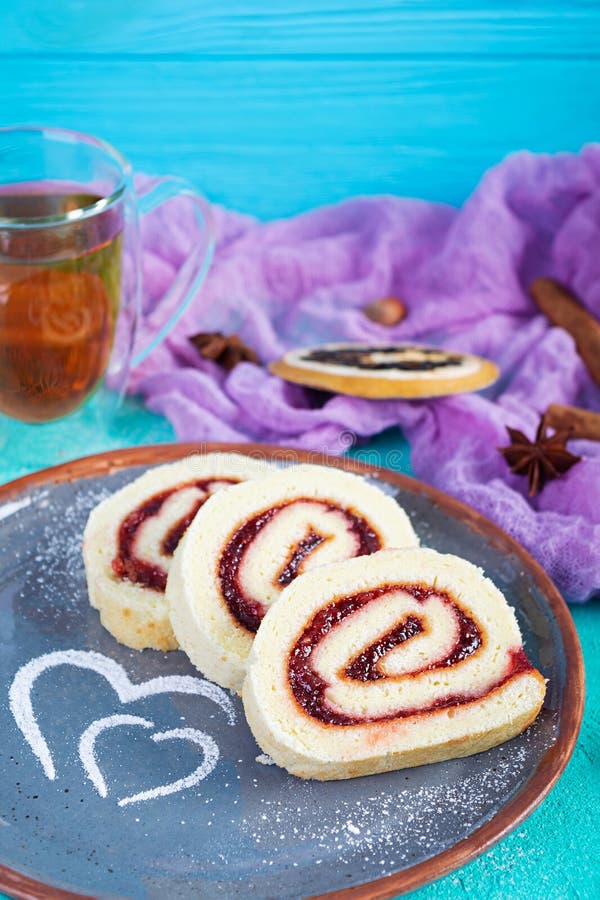 Swiss Roll with Strawberry Jam. Jelly Roll with Decoration Stock Image ...
