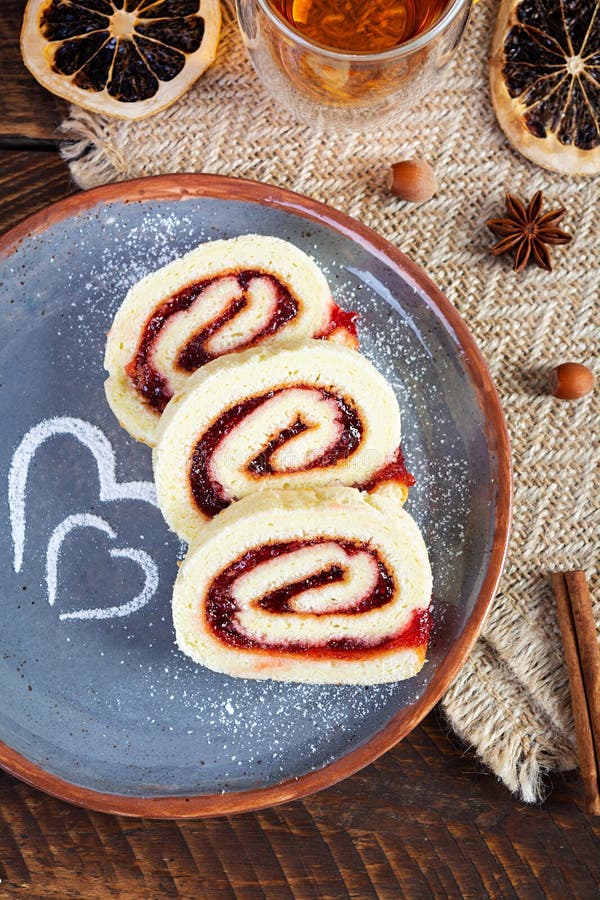 Swiss Roll with Strawberry Jam. Jelly Roll with Decoration Stock Image ...