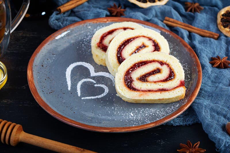 Swiss Roll with Strawberry Jam. Jelly Roll with Decoration Stock Photo ...