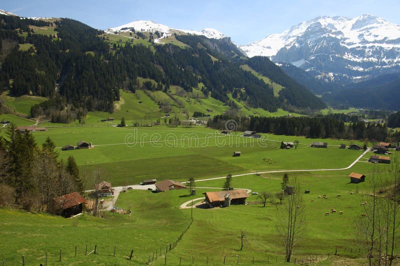 Swiss scene stock photo. Image of valley, snow, tourist - 1619208