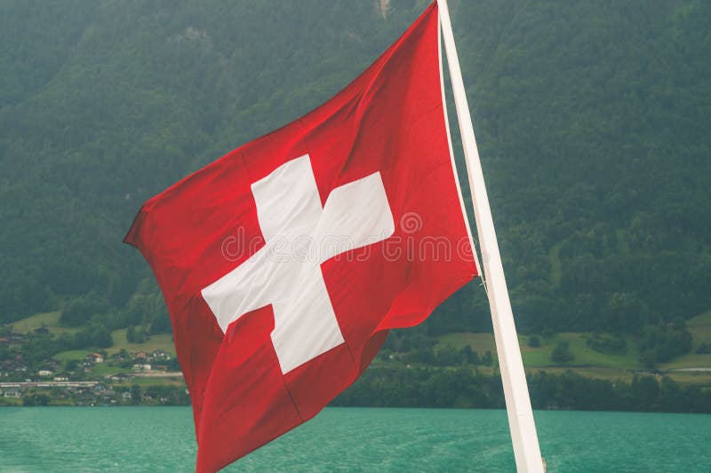 Swiss Switzerland Flag on a Ferry Boat in the Rain Stock Image - Image ...