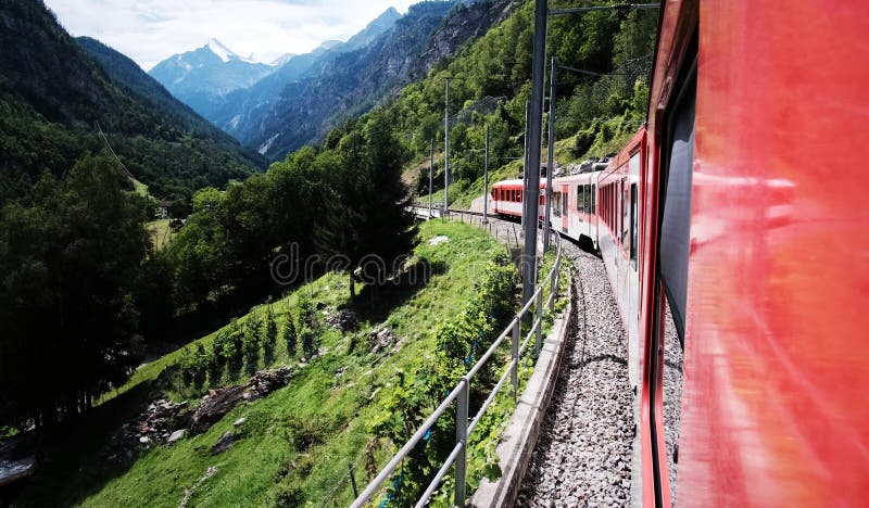 Swiss Train Passing by Amazing Alps Landscape Stock Photo - Image of ...