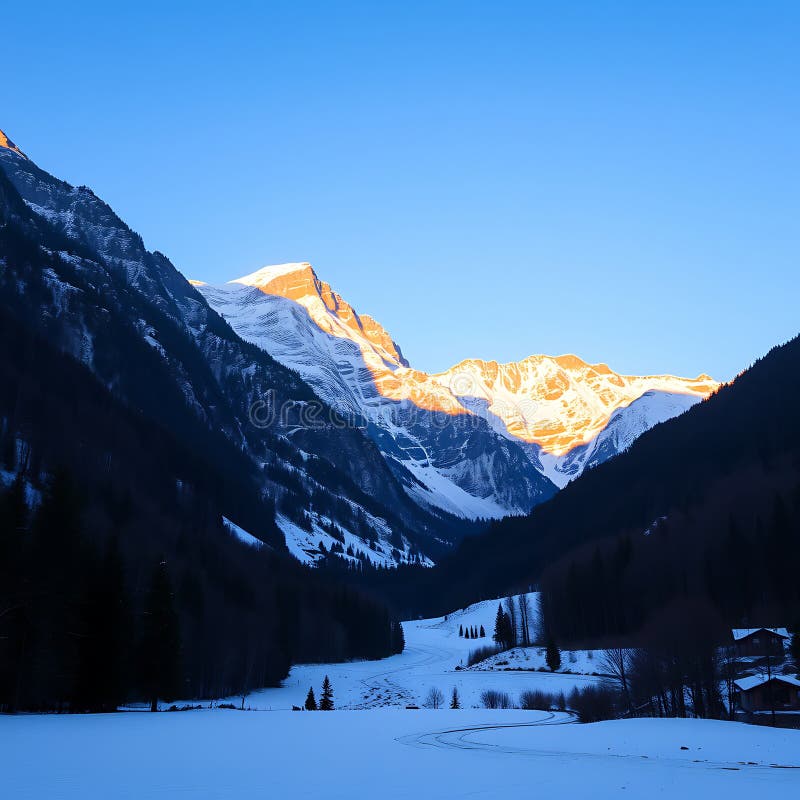 Swiss Valley with Snowy Peaks at Dawn Stock Illustration - Illustration ...