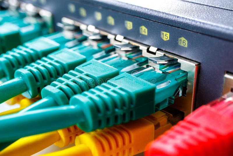 Red Ethernet Cables are Connected To Blue Internet Switch. Symbol of ...