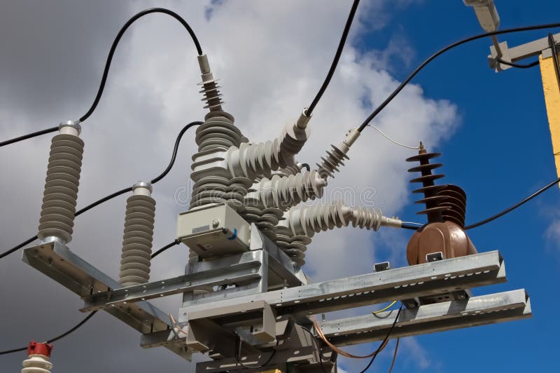 Overhead transformer bank stock image. Image of transformer - 685823