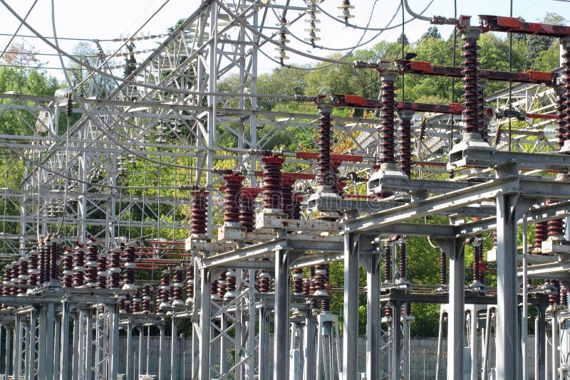 Big Switches of a High Voltage Power Line with Concrete Pole an Stock ...