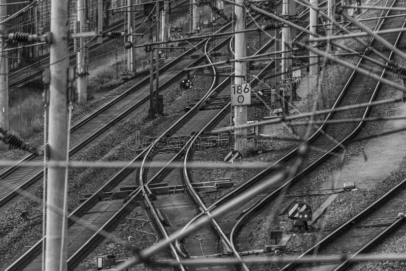 Switches, Track Systems and Overhead Lines of a Railway Line in Germany ...