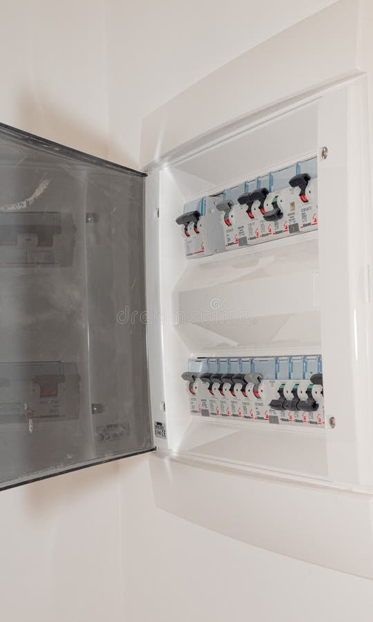 Switches with Wires in Electrical Switchboard Close Up. Electrical ...