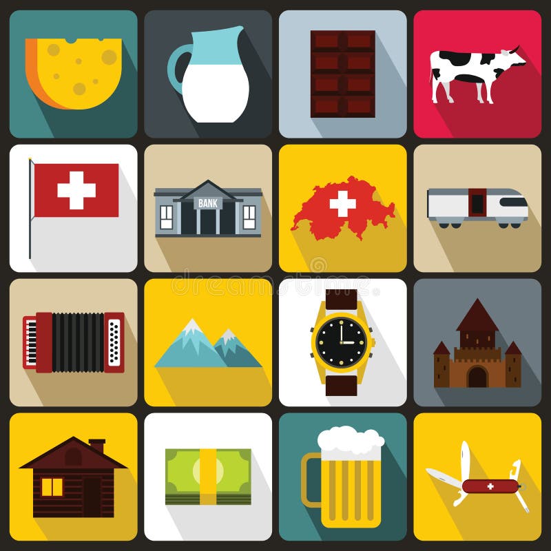 Switzerland Icons Set, Flat Style Stock Vector - Illustration of bern ...