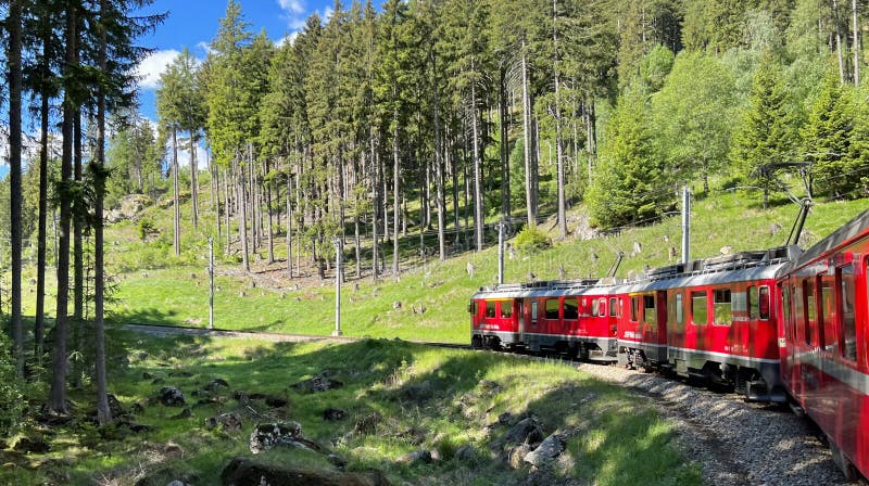 The Famous Red Train Railway with Bernina Express Train Going To the ...