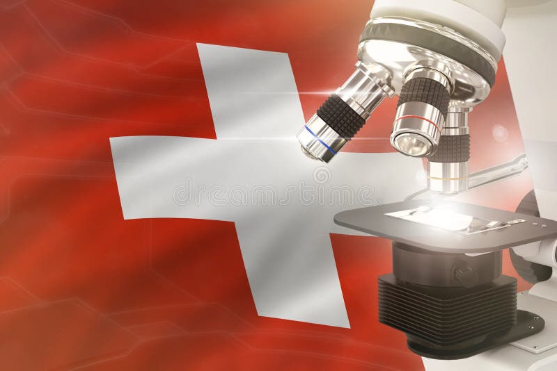 Switzerland Science Development Concept - Microscope on Flag Background ...
