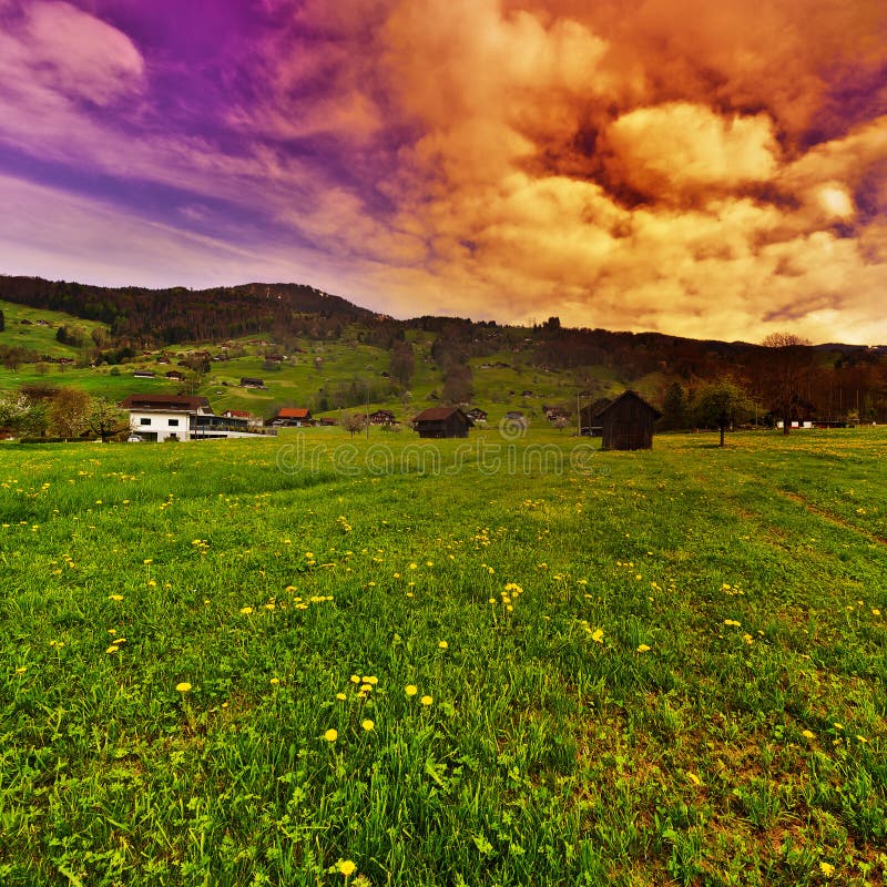 Switzerland at Sunset stock photo. Image of farming, house - 83271566