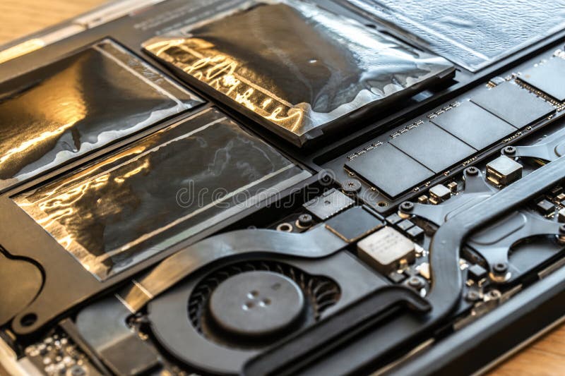 Swollen Battery of Broken Laptop in Open Casing Closeup Stock Image ...