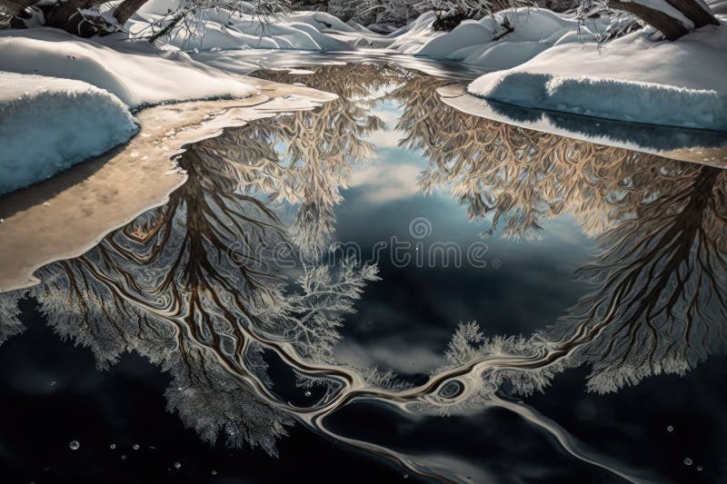 Swollen Ice-cold Flows of River in Ice Reflected in Mirror Stock ...