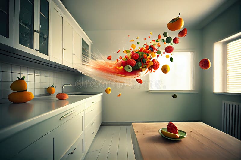 Swoosh of Fruit, Flying Past Modern and Clean Kitchen Stock ...