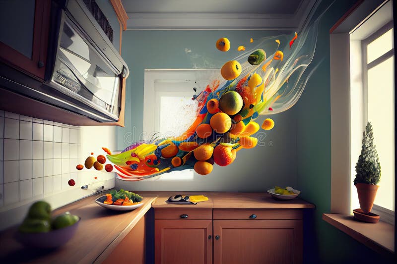 Swoosh of Fruit, Flying Past Modern and Clean Kitchen Stock ...