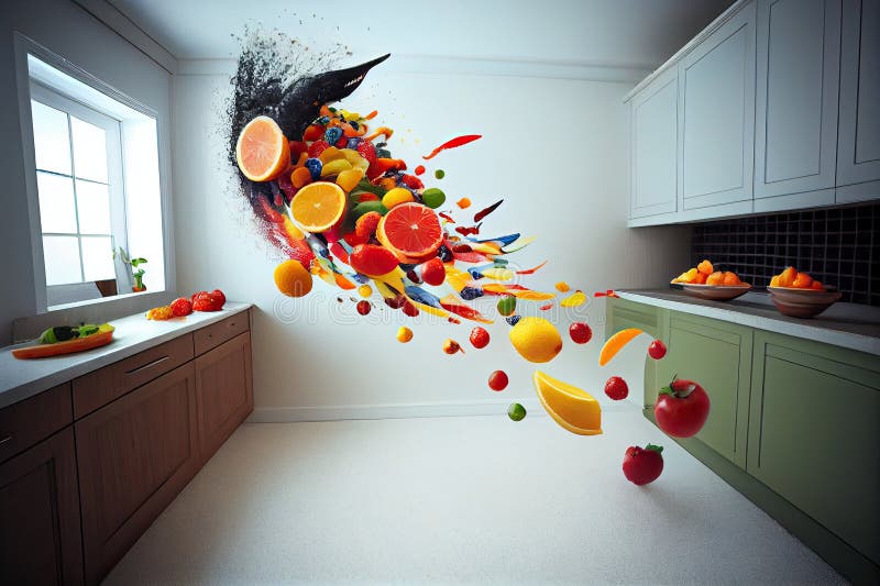 Swoosh of Fruit, Flying Past Modern and Clean Kitchen Stock ...