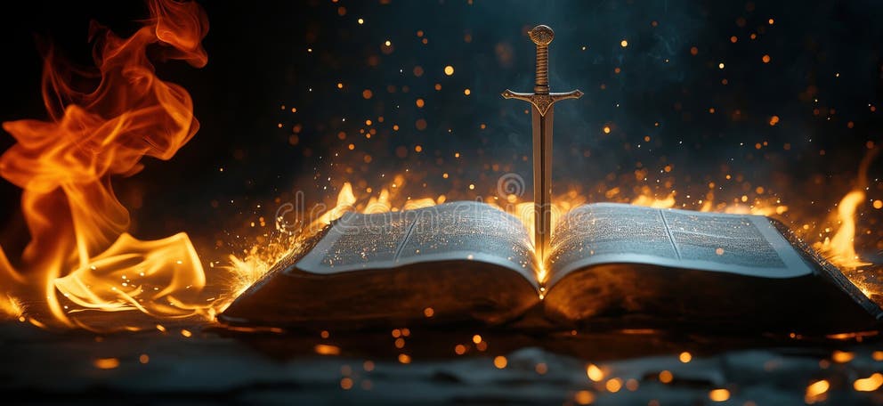 Sword Embedded in Open Book Surrounded by Flames and Sparks Creating ...