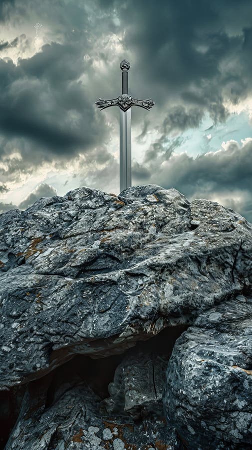 Sword Embedded in Rocky Terrain with Dramatic Cloudy Sky Stock Photo ...