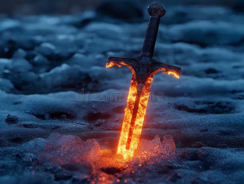 Flaming Sword, Snowy Forest, Night Scene, Intense Light, Fantasy Scene ...