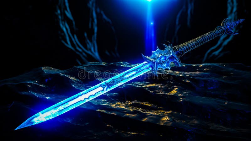 Sword with Glowing Blue Blade on Rock in Front of Bright Light ...