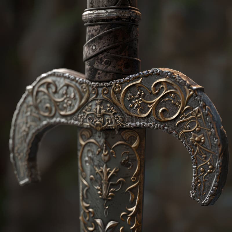 A Sword with Gold and Silver Decorations on the Handle and Blade Stock ...