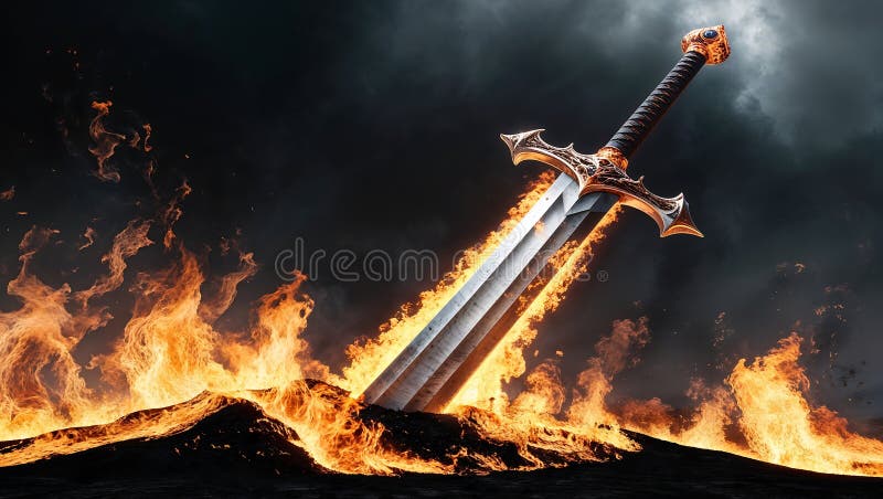 Sword Impaled into the Ground, Engulfed in Roaring Hyper Realistic Fire ...