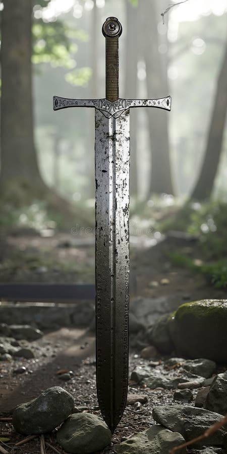 A Sword in the Middle of a Forest with Rocks and Trees Stock Image ...
