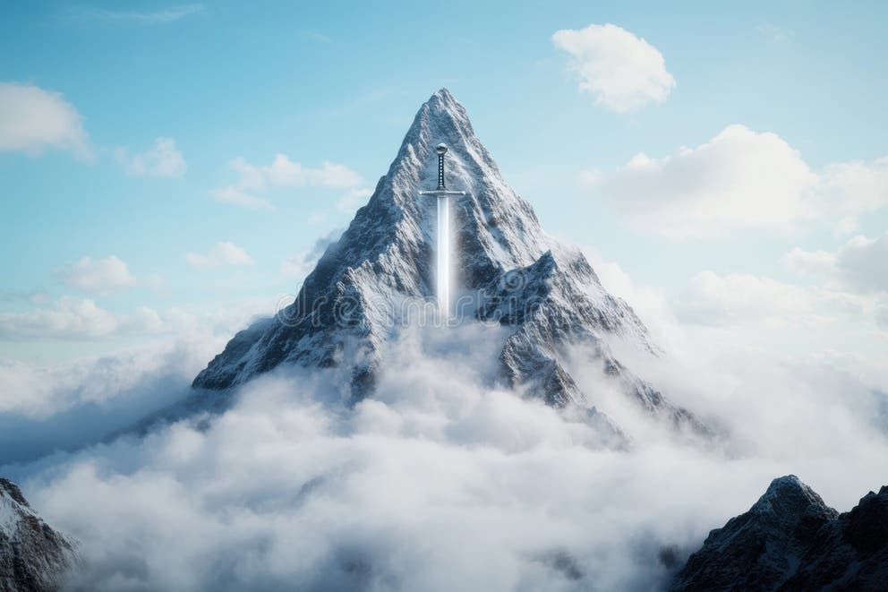 Sword in the mountain peak stock illustration. Illustration of ...