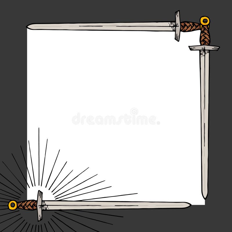Sword on Paper Retro Old Line Art Etching Vector Border Frame Stock ...
