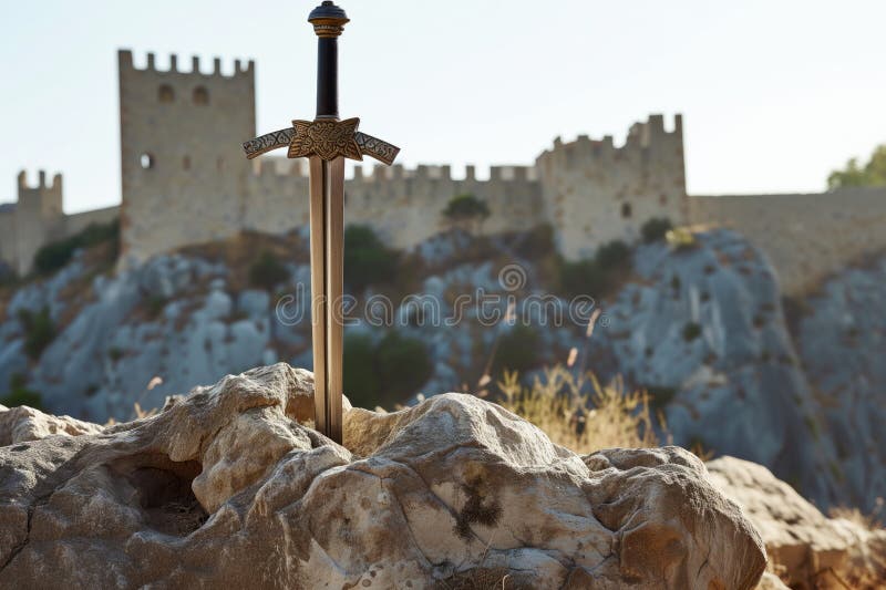 Sword in Rock with Historical Castle Backdrop Stock Image - Image of ...