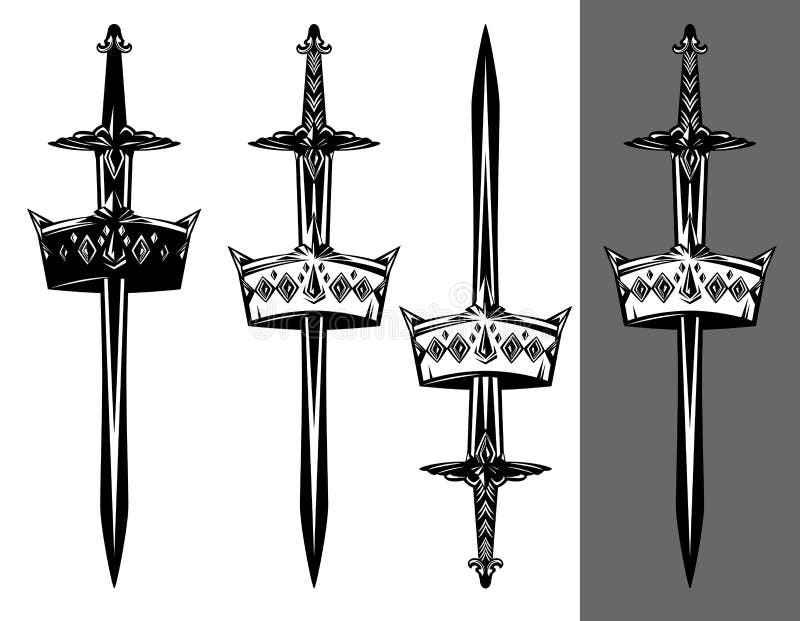 King Sword with Rose Flowers and Royal Crown Vector Design Set Stock ...