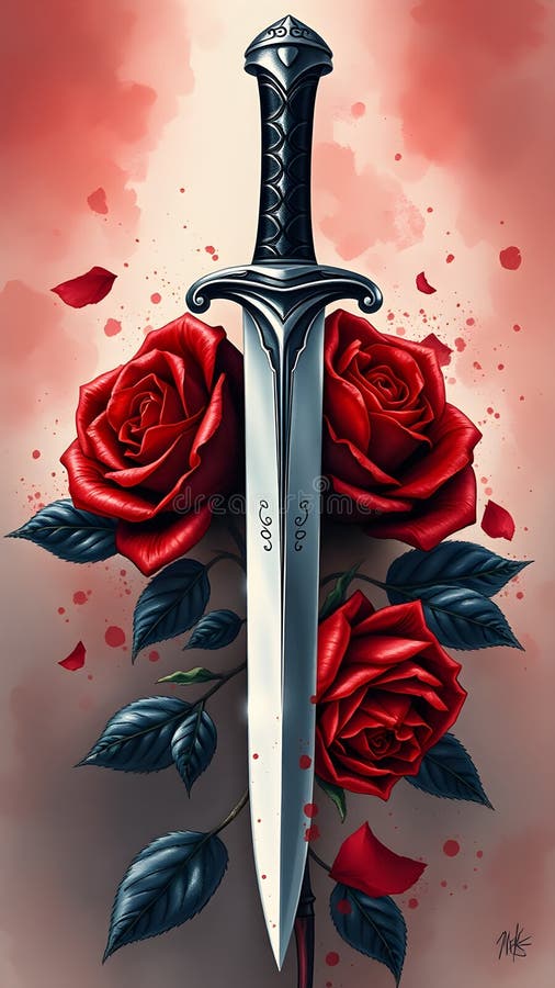 A Sword is Shown with Two Red Roses on Either Side Stock Illustration ...