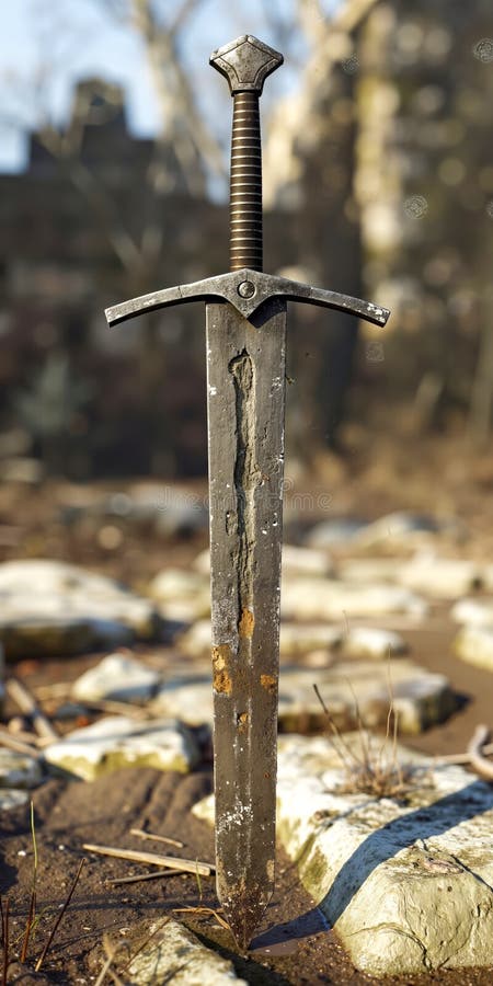 A Sword that is Sitting on a Rock in the Dirt Stock Image - Image of ...