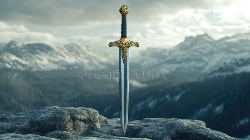 A Sword is Sitting on Top of a Rock in Front of Mountains, AI Stock ...