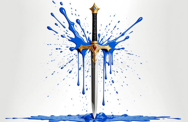 Sword Splashes through Blue Paint Splash on Clean White Canvas ...