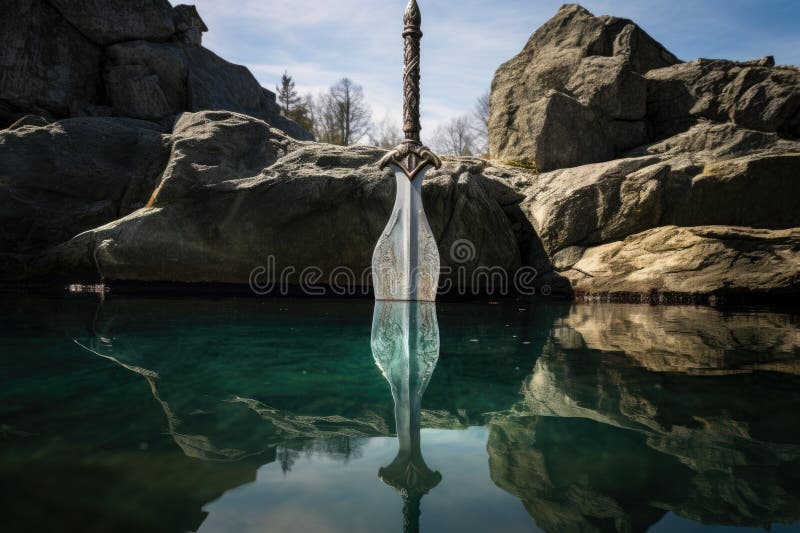 A Sword in a Stone by a Lakeside, with a Reflection on the Water Stock ...