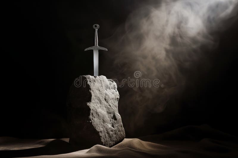 Sword in Stone Under Spotlight, Dark Background Stock Photo - Image of ...
