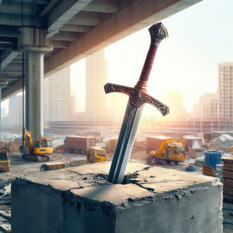 A Sword Stuck in a Concrete Block on the Background of a Construction ...
