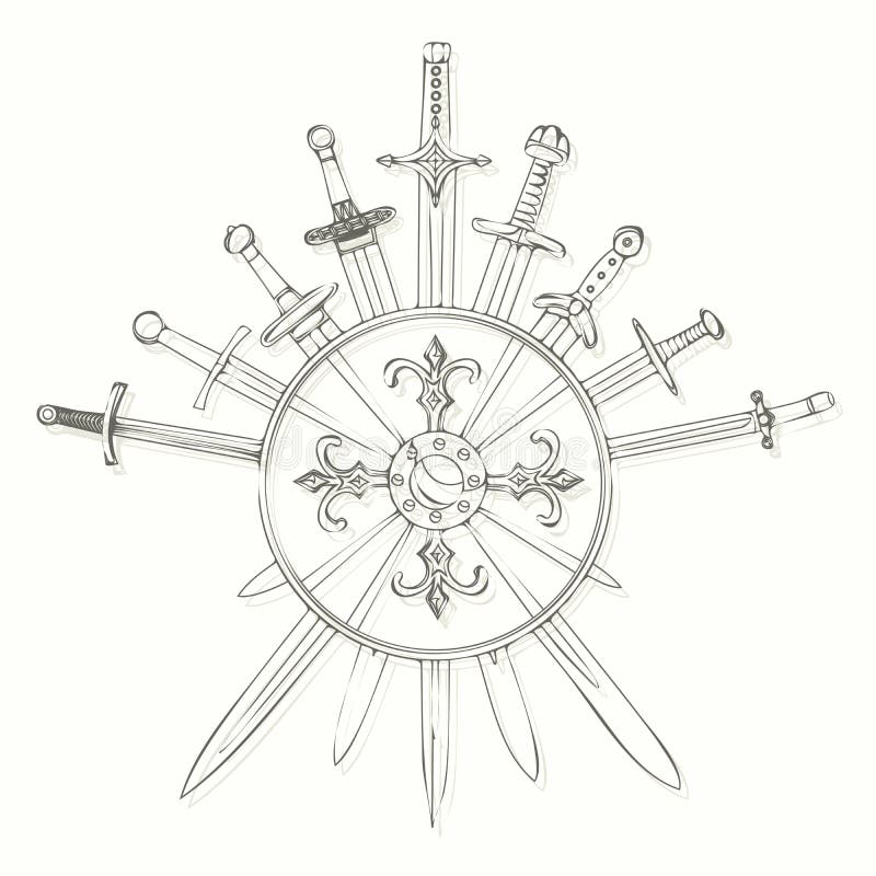 Swords Cross Crosswise and Shields (drawn in Ink). Stock Vector ...
